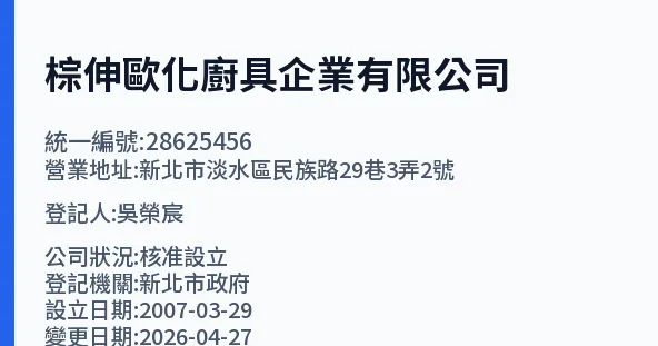 棕伸歐化廚具企業有限公司的照片-統編 28625456(新北市) 公司登記資料與營業項目詳細圖表