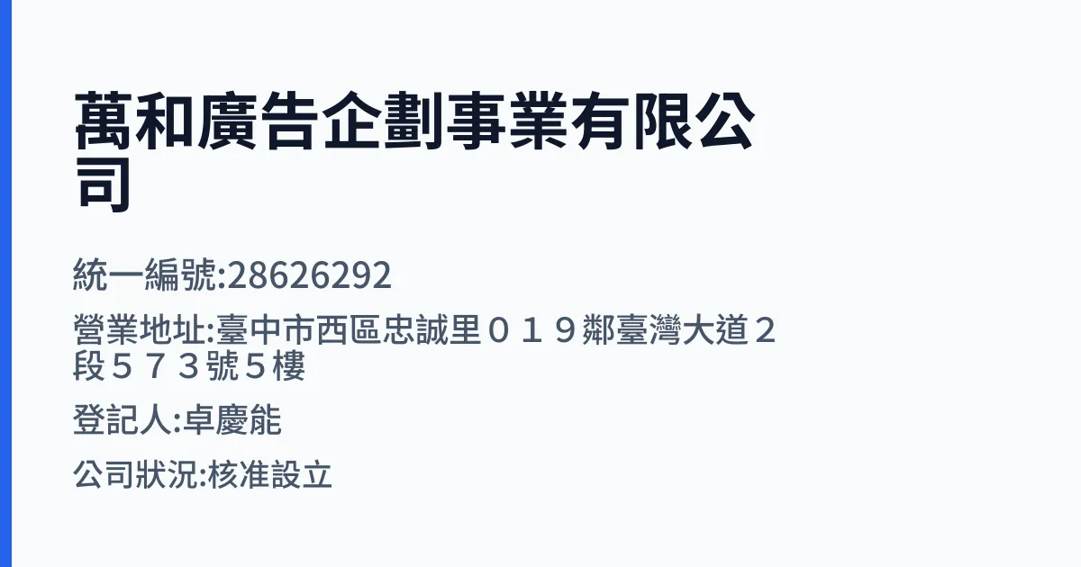 萬和廣告企劃事業有限公司 - 統編 28626292(臺中市) 公司登記資料與營業項目詳細圖表