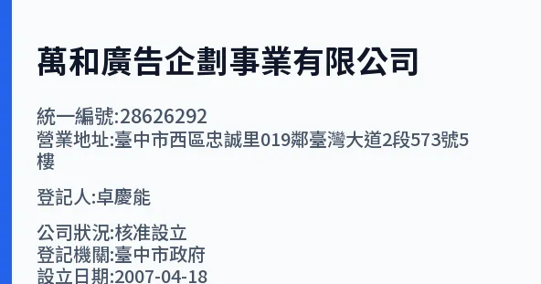 萬和廣告企劃事業有限公司的照片-統編 28626292(臺中市) 公司登記資料與營業項目詳細圖表