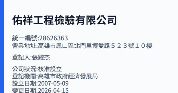 佑祥工程檢驗有限公司的照片-統編 28626363(高雄市) 公司登記資料與營業項目詳細圖表