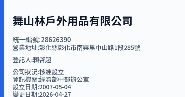 舞山林戶外用品有限公司的照片-統編 28626390(彰化縣) 公司登記資料與營業項目詳細圖表