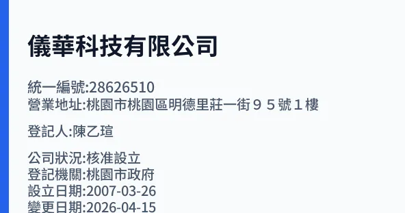 儀華科技有限公司的照片-統編 28626510(桃園市) 公司登記資料與營業項目詳細圖表
