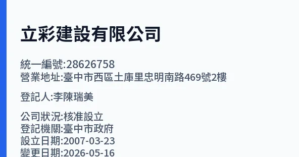 立彩建設有限公司的照片-統編 28626758(臺中市) 公司登記資料與營業項目詳細圖表