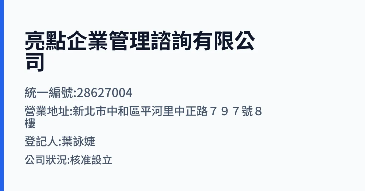 亮點企業管理諮詢有限公司 - 統編 28627004(新北市) 公司登記資料與營業項目詳細圖表