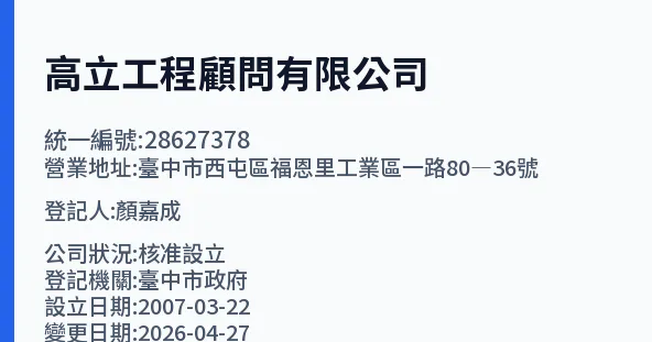 高立工程顧問有限公司的照片-統編 28627378(臺中市) 公司登記資料與營業項目詳細圖表