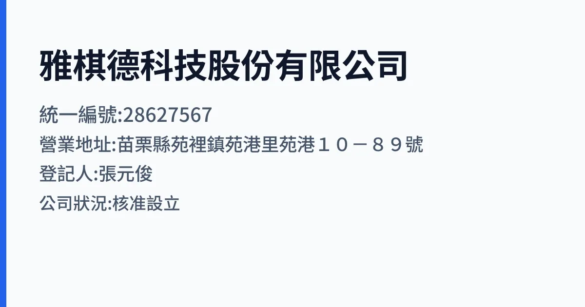雅棋德科技股份有限公司 - 統編 28627567(臺中市) 公司登記資料與營業項目詳細圖表