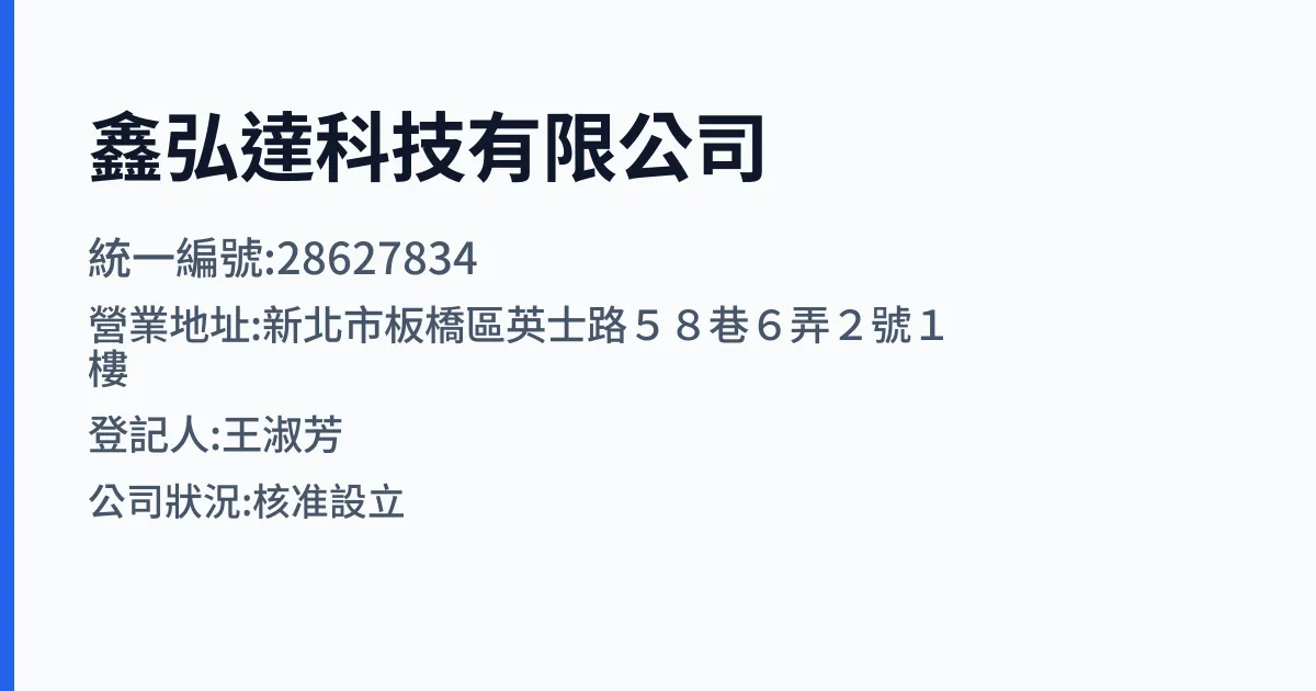鑫弘達科技有限公司 - 統編 28627834(新北市) 公司登記資料與營業項目詳細圖表
