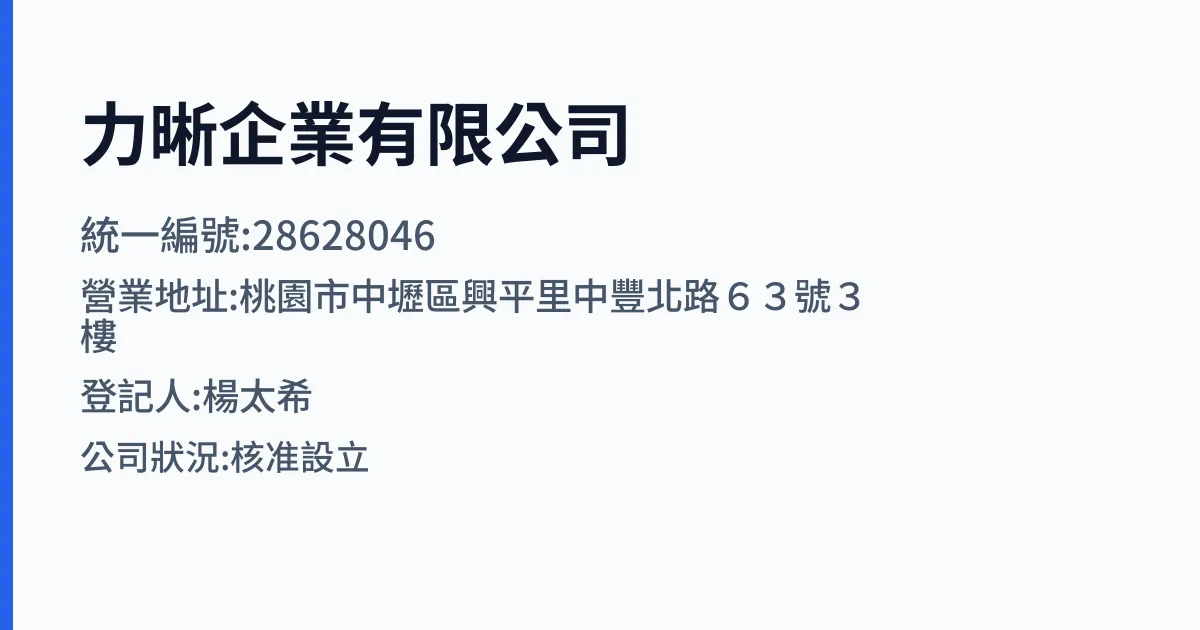 力晰企業有限公司 - 統編 28628046(桃園市) 公司登記資料與營業項目詳細圖表