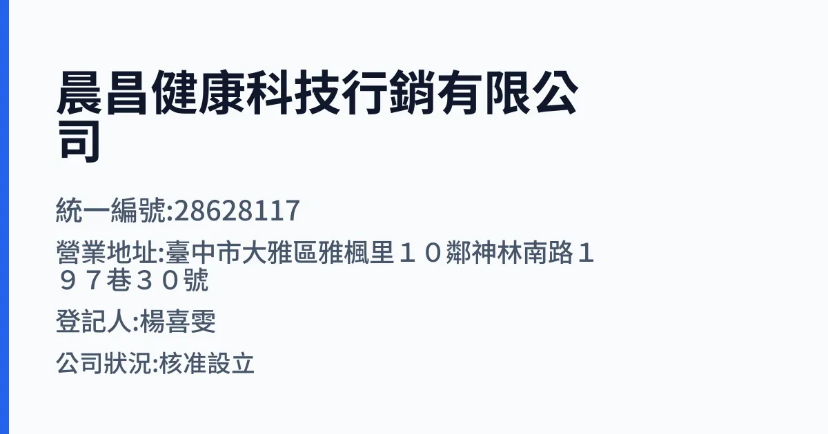 晨昌健康科技行銷有限公司 - 統編 28628117(臺中市) 公司登記資料與營業項目詳細圖表