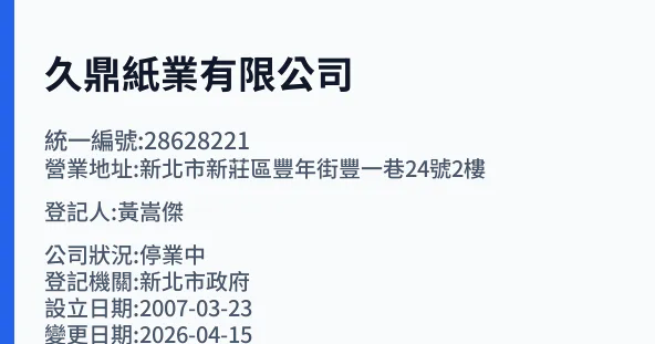 久鼎紙業有限公司的照片-統編 28628221(新北市) 公司登記資料與營業項目詳細圖表