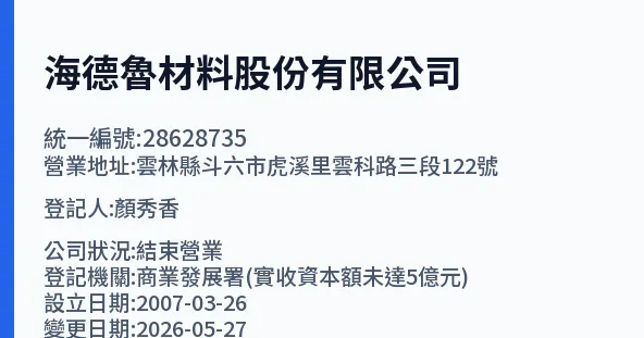 海德魯材料股份有限公司的照片-統編 28628735(雲林縣) 公司登記資料與營業項目詳細圖表