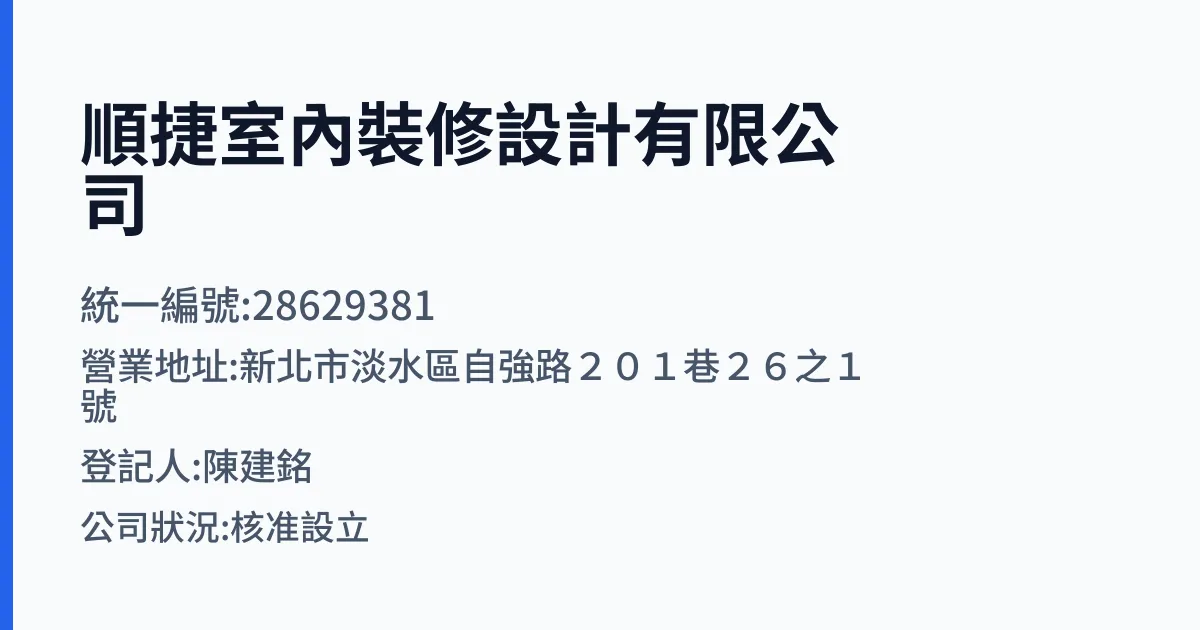 順捷室內裝修設計有限公司 - 統編 28629381(新北市) 公司登記資料與營業項目詳細圖表