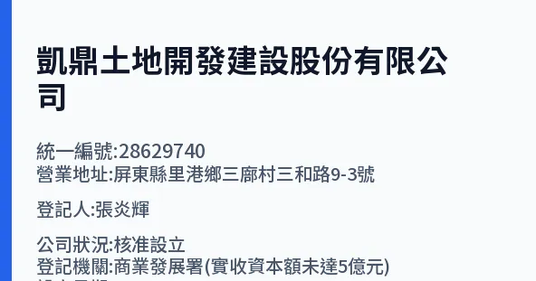 凱鼎土地開發建設股份有限公司的照片-統編 28629740(屏東縣) 公司登記資料與營業項目詳細圖表