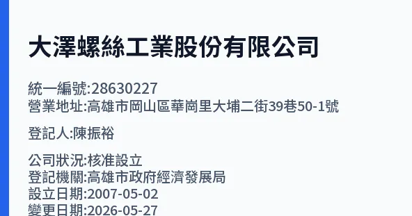 大澤螺絲工業股份有限公司的照片-統編 28630227(高雄市) 公司登記資料與營業項目詳細圖表