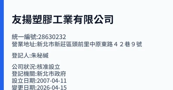 友揚塑膠工業有限公司的照片-統編 28630232(新北市) 公司登記資料與營業項目詳細圖表