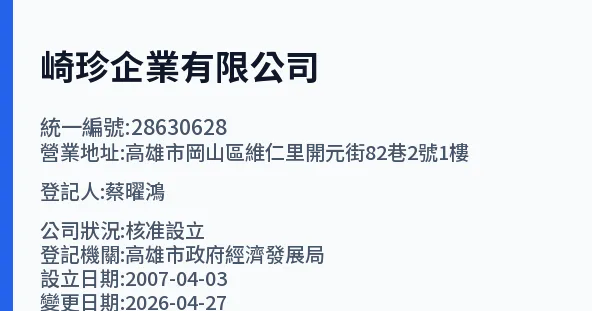 崎珍企業有限公司的照片-統編 28630628(高雄市) 公司登記資料與營業項目詳細圖表