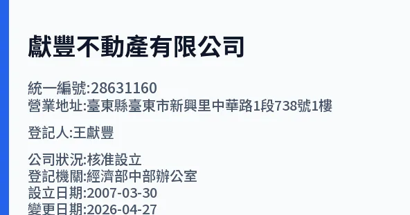 獻豐不動產有限公司的照片-統編 28631160(臺東縣) 公司登記資料與營業項目詳細圖表