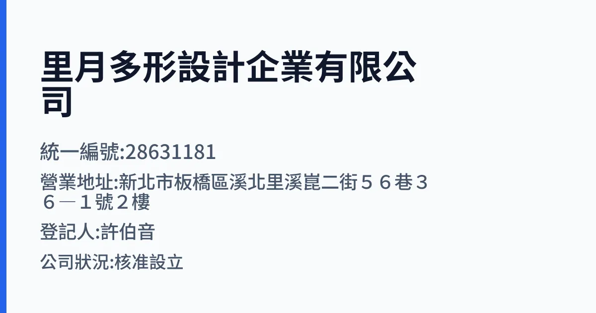 里月多形設計企業有限公司 - 統編 28631181(新北市) 公司登記資料與營業項目詳細圖表
