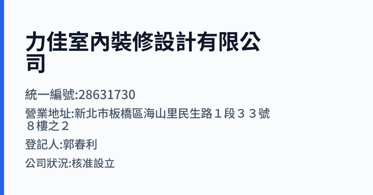 力佳室內裝修設計有限公司 - 統編 28631730(新北市) 公司登記資料與營業項目詳細圖表