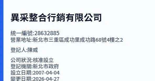 異采整合行銷有限公司的照片-統編 28632885(新北市) 公司登記資料與營業項目詳細圖表