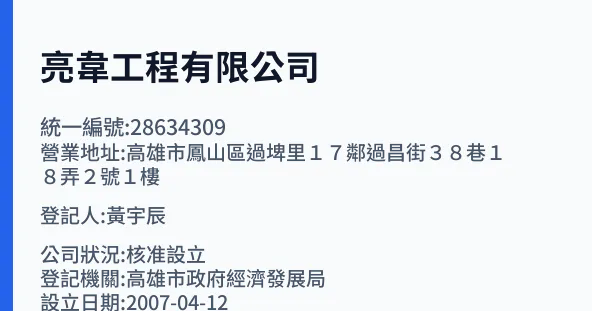 亮韋工程有限公司的照片-統編 28634309(高雄市) 公司登記資料與營業項目詳細圖表