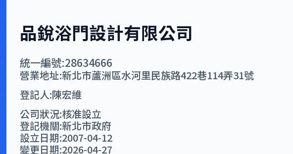 品銳浴門設計有限公司的照片-統編 28634666(新北市) 公司登記資料與營業項目詳細圖表