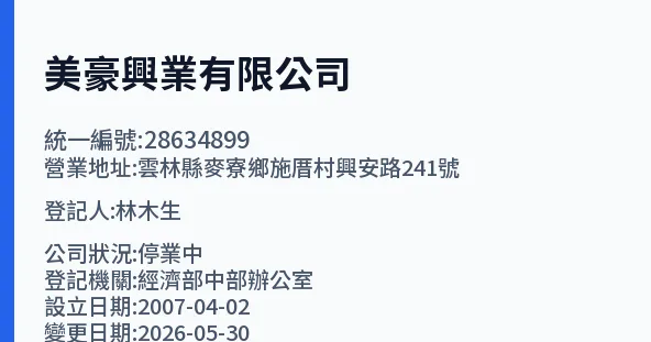 美豪興業有限公司的照片-統編 28634899(雲林縣) 公司登記資料與營業項目詳細圖表