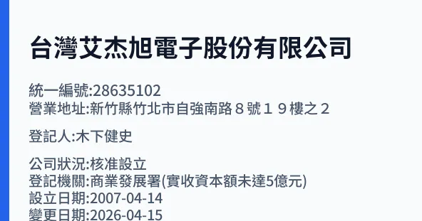 台灣艾杰旭電子股份有限公司的照片-統編 28635102(新竹縣) 公司登記資料與營業項目詳細圖表