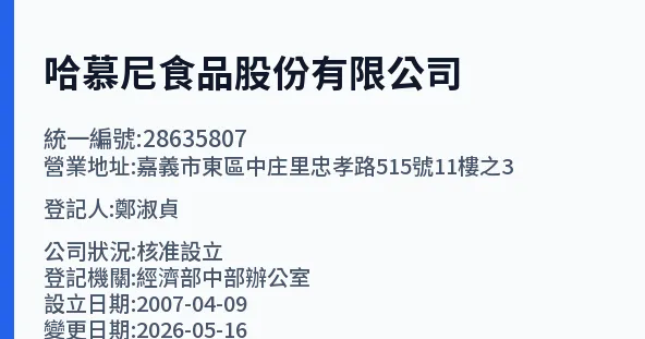 哈慕尼食品股份有限公司的照片-統編 28635807(嘉義市) 公司登記資料與營業項目詳細圖表