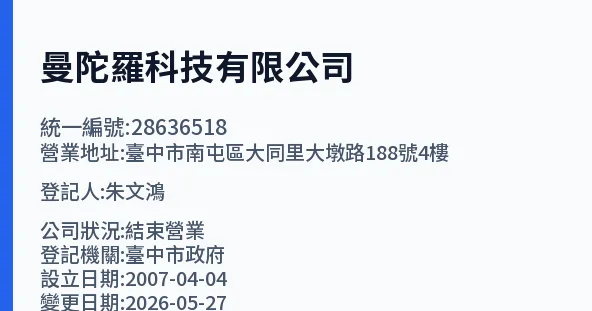 曼陀羅科技有限公司的照片-統編 28636518(臺中市) 公司登記資料與營業項目詳細圖表