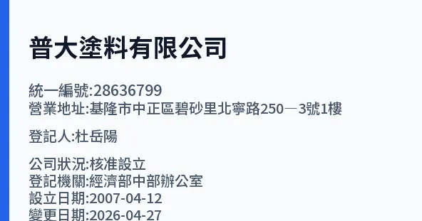 普大塗料有限公司的照片-統編 28636799(基隆市) 公司登記資料與營業項目詳細圖表
