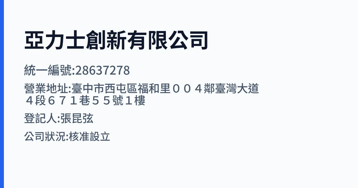 亞力士創新有限公司 - 統編 28637278(臺中市) 公司登記資料與營業項目詳細圖表