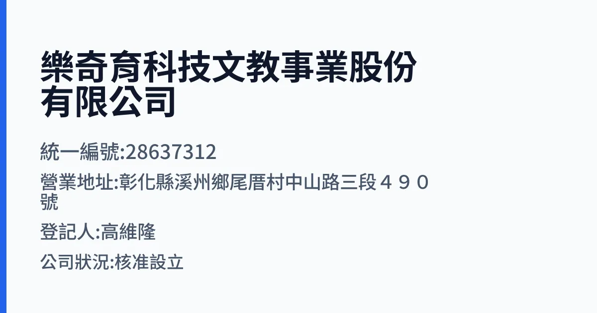 樂奇育科技文教事業股份有限公司 - 統編 28637312(彰化縣) 公司登記資料與營業項目詳細圖表