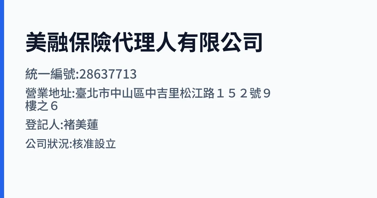 美融保險代理人有限公司 - 統編 28637713(臺北市) 公司登記資料與營業項目詳細圖表