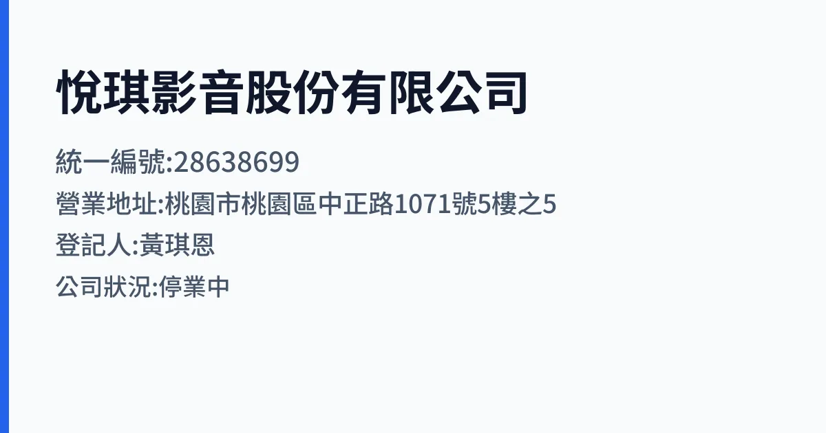 悅琪影音股份有限公司 - 統編 28638699(桃園市) 公司登記資料與營業項目詳細圖表