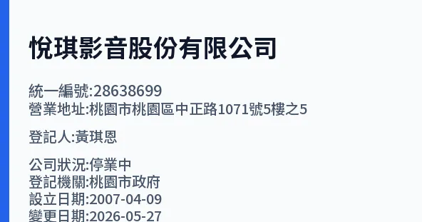 悅琪影音股份有限公司的照片-統編 28638699(桃園市) 公司登記資料與營業項目詳細圖表