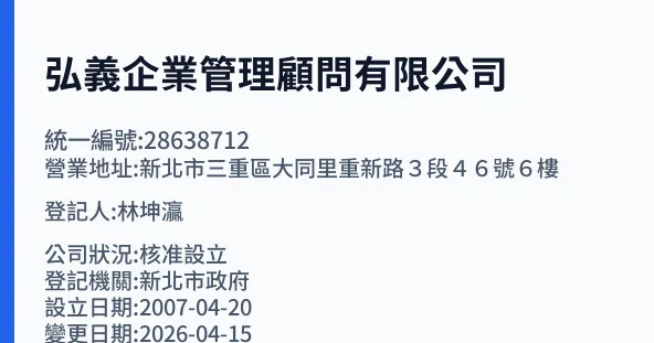 弘義企業管理顧問有限公司的照片-統編 28638712(新北市) 公司登記資料與營業項目詳細圖表