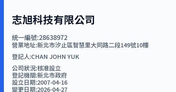 志旭科技有限公司的照片-統編 28638972(新北市) 公司登記資料與營業項目詳細圖表