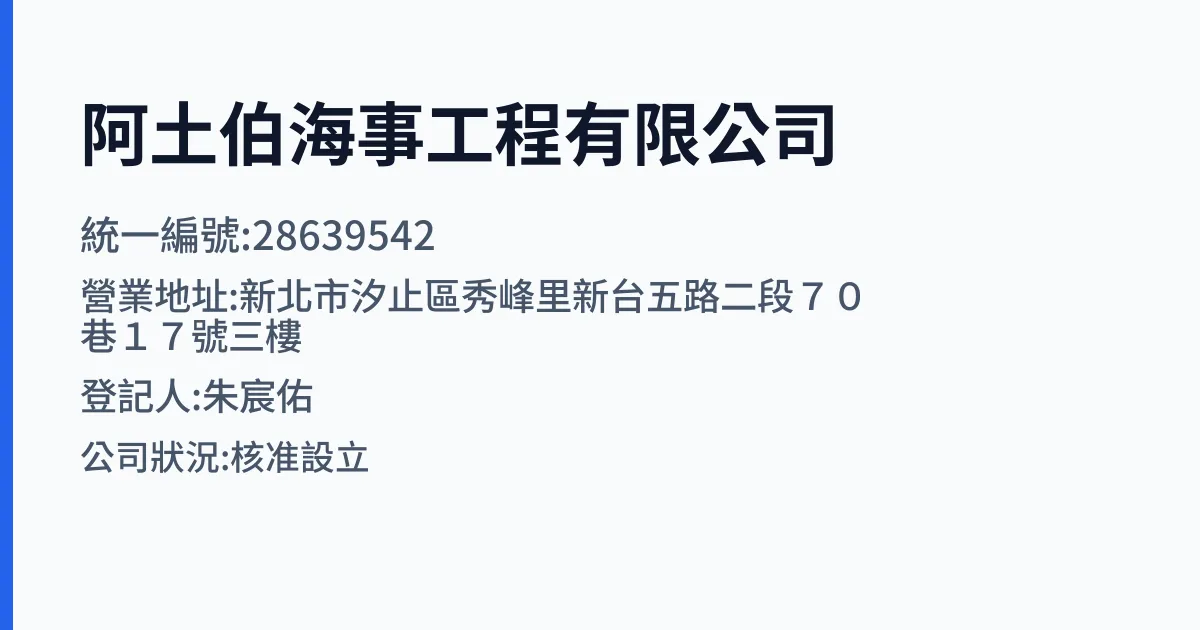 阿土伯海事工程有限公司 - 統編 28639542(基隆市) 公司登記資料與營業項目詳細圖表