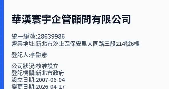 華漢寰宇企管顧問有限公司的照片-統編 28639986(新北市) 公司登記資料與營業項目詳細圖表
