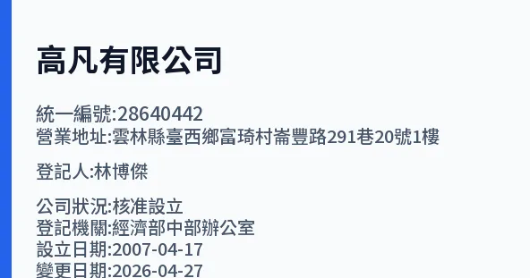 高凡有限公司的照片-統編 28640442(雲林縣) 公司登記資料與營業項目詳細圖表