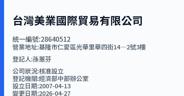 台灣美業國際貿易有限公司的照片-統編 28640512(基隆市) 公司登記資料與營業項目詳細圖表