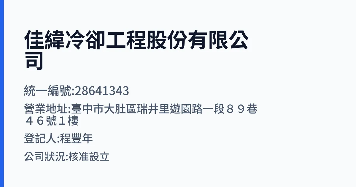 佳緯冷卻工程股份有限公司 - 統編 28641343(臺中市) 公司登記資料與營業項目詳細圖表