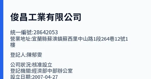 俊昌工業有限公司的照片-統編 28642053(宜蘭縣) 公司登記資料與營業項目詳細圖表