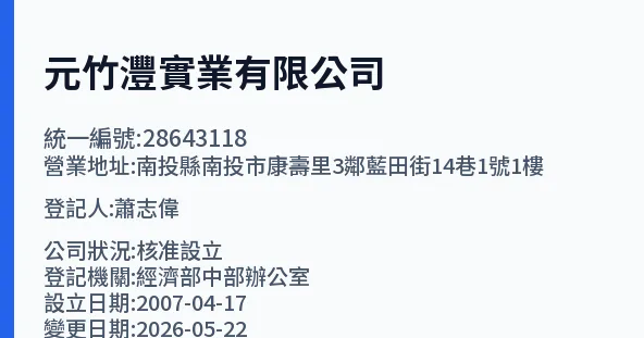 元竹灃實業有限公司的照片-統編 28643118(南投縣) 公司登記資料與營業項目詳細圖表