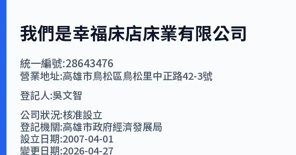 我們是幸福床店床業有限公司的照片-統編 28643476(高雄市) 公司登記資料與營業項目詳細圖表