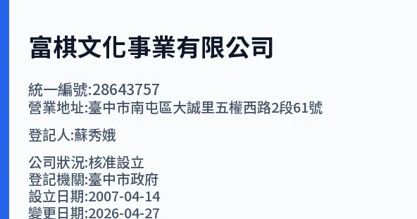 富棋文化事業有限公司的照片-統編 28643757(臺中市) 公司登記資料與營業項目詳細圖表