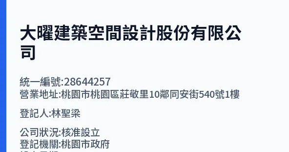 大曜建築空間設計股份有限公司的照片-統編 28644257(桃園市) 公司登記資料與營業項目詳細圖表