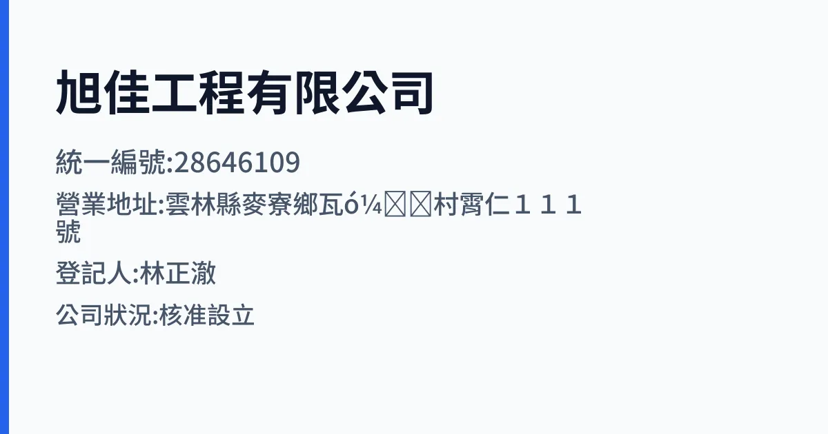 旭佳工程有限公司 - 統編 28646109(雲林縣) 公司登記資料與營業項目詳細圖表
