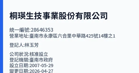 桐瑛生技事業股份有限公司的照片-統編 28646353(臺南市) 公司登記資料與營業項目詳細圖表